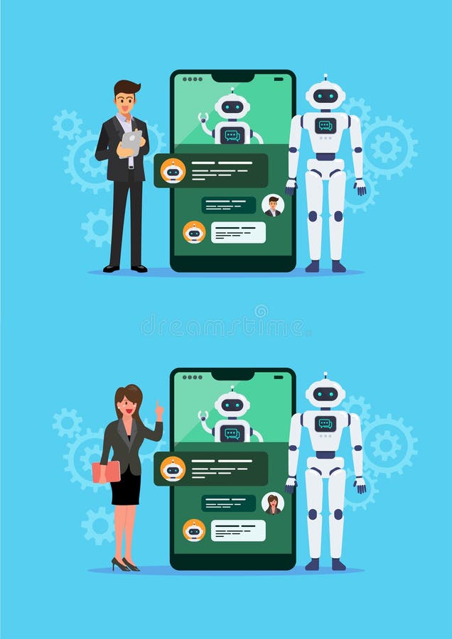 Businessman and Woman is Talking or Chatting with Chat Bot Stock Vector ...