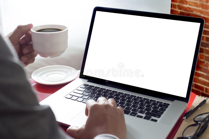 Businessman at Work and Computer at Home Laptop with Blank Scre Stock ...