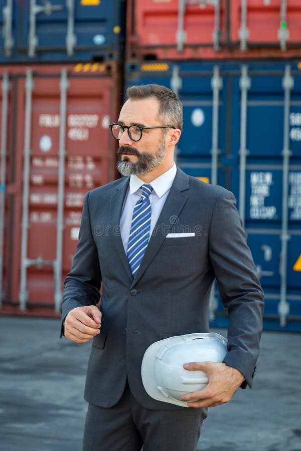 Businessman Work at Container Cargo Site Check Up Goods in Container ...