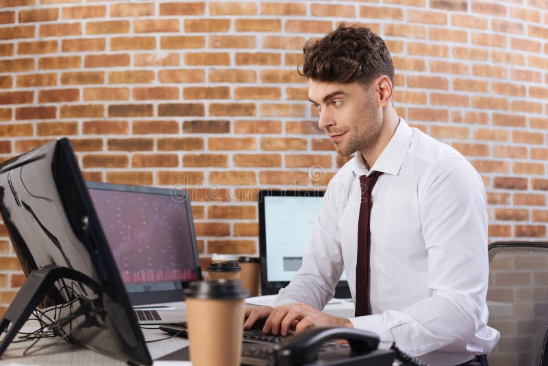 Businessman Work Near Computers in Modern Stock Image - Image of ...