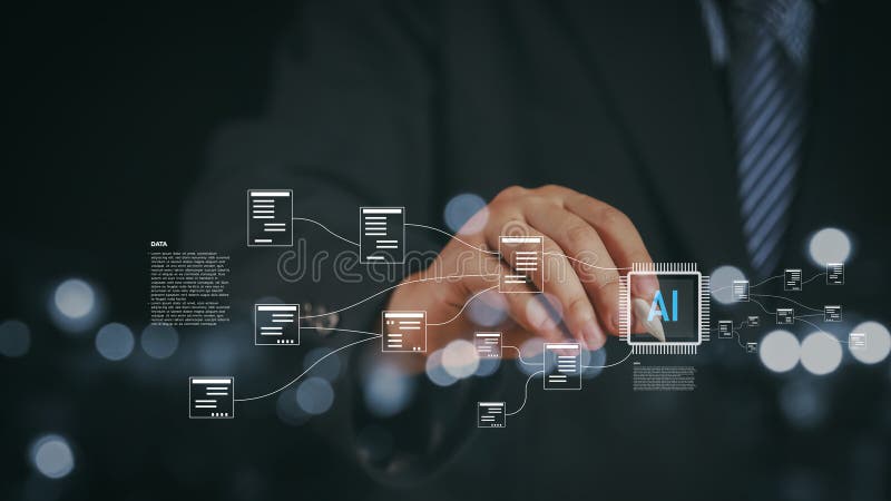 Businessman Working with AI Chip Interface and Big Data Flow Structure. Concept for Artificial ...