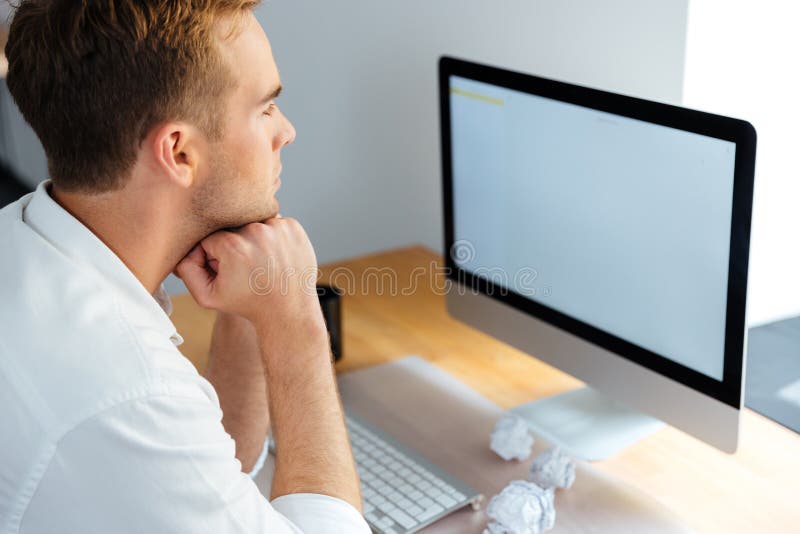 Businessman Working with Blank Screen Computer in Office Stock Image ...