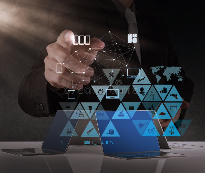 Businessman Working with a Cloud Computing Diagram on the New Co Stock Image - Image of laptop ...