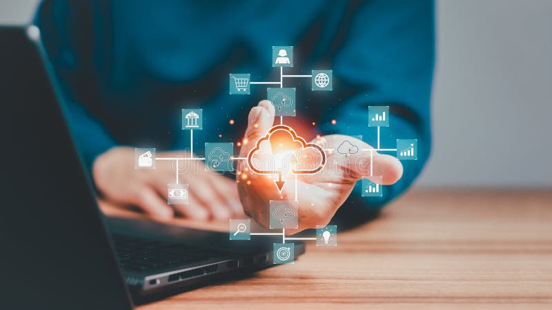 Businessman Working at Cloud Data Icon, Cloud Computing Diagram Show on ...