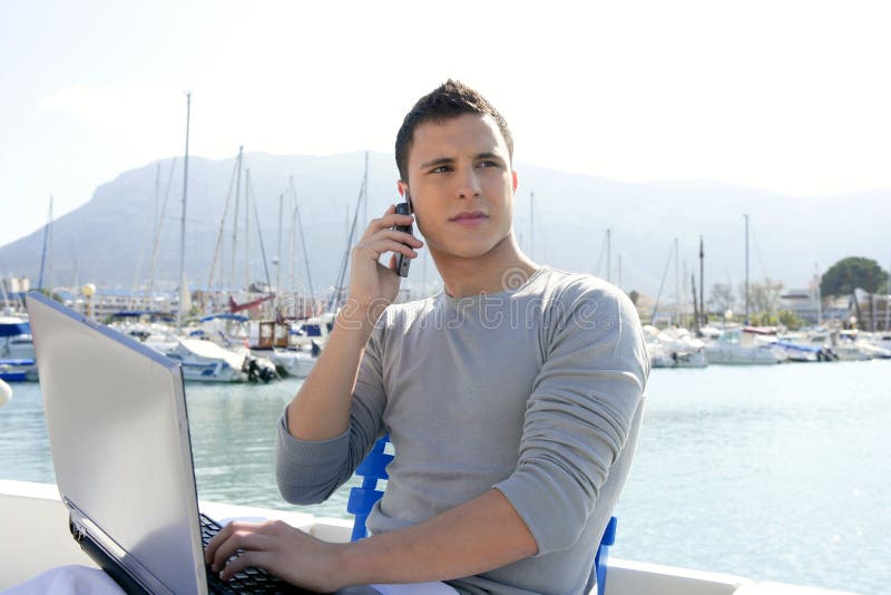 Businessman Working with Computer on a Boat Stock Image - Image of ...