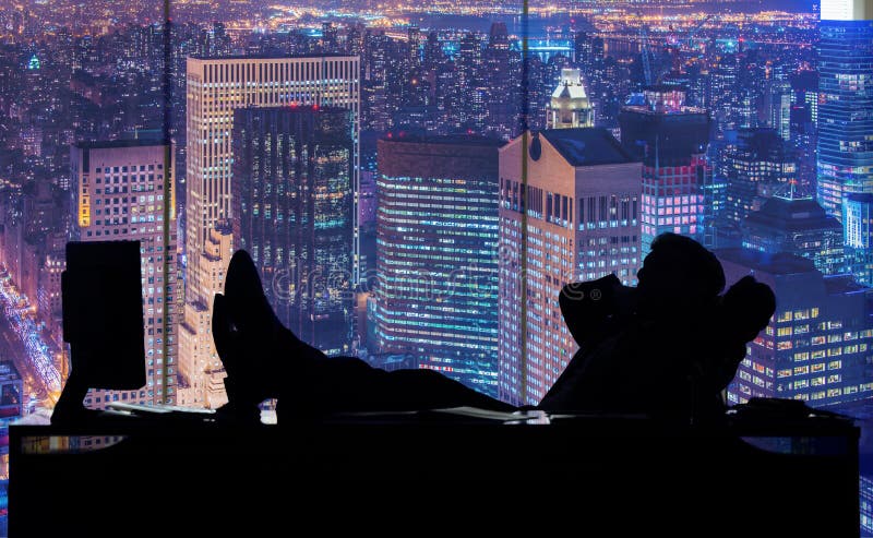 The Businessman Working in Dark Room at Skyscraper Stock Image - Image ...