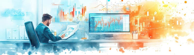 Businessman Working at Desk, Analyzing Data on Computer Screen ...