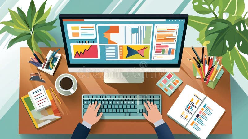 Businessman Working at Desk with Computer Charts and Documents Stock ...