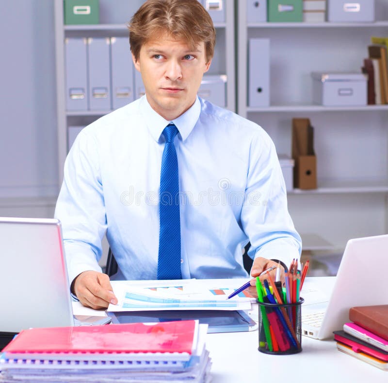 Businessman Working at a Desk Computer Graphics Stock Photo - Image of ...