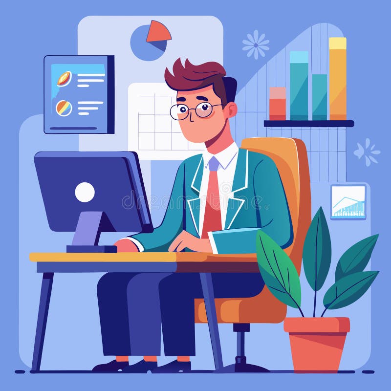 Businessman Working at Desk, Using Computer, Charts and Graphs Visible ...