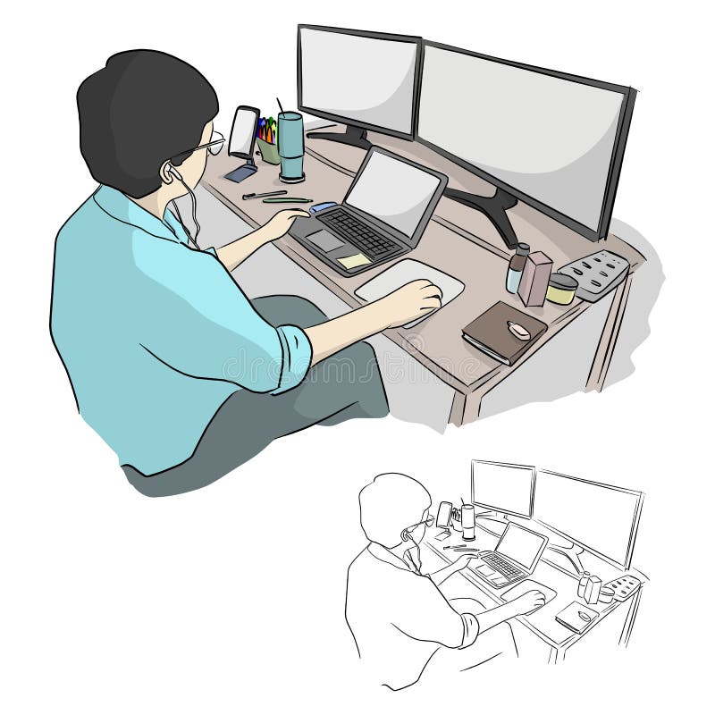 Businessman Working on Desktop Computer and Laptop Notebook Vector ...