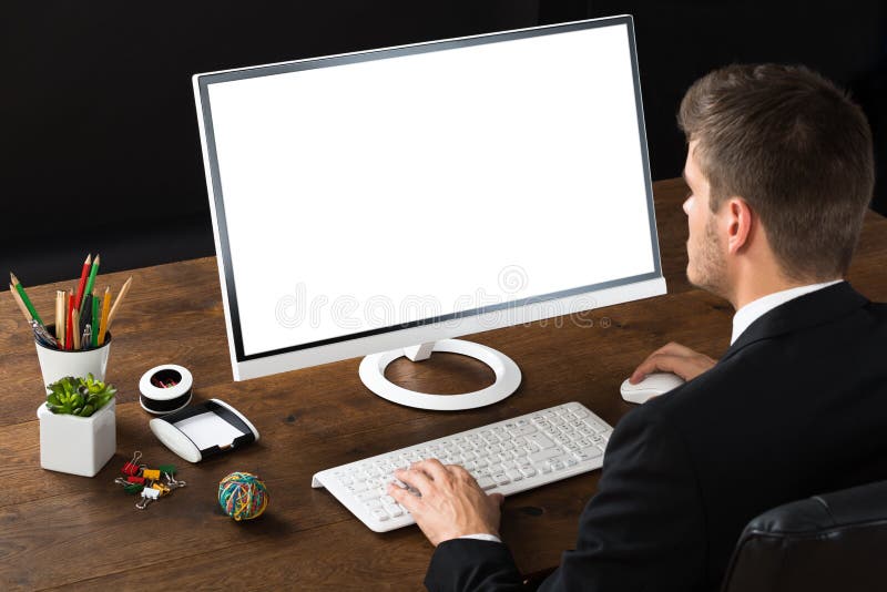 Businessman Working on Desktop Computer Stock Image - Image of desk ...
