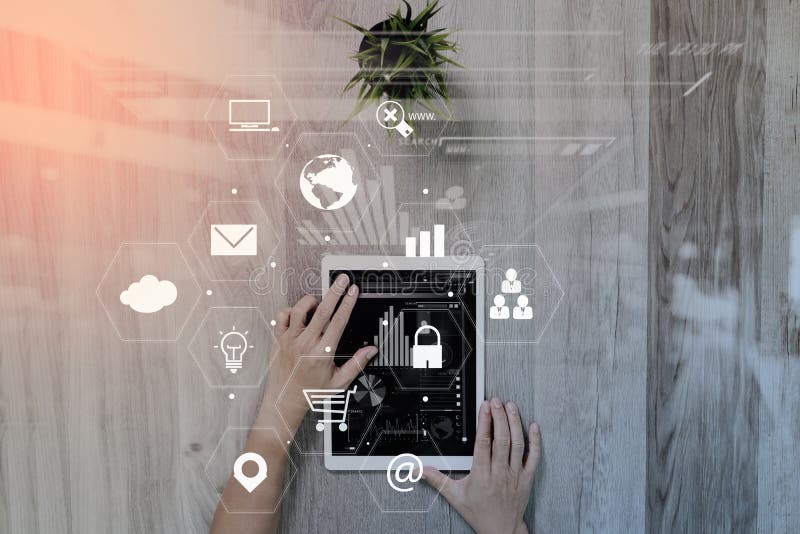 Businessman Working with Digital Tablet Computer on Wooden Desk Stock ...