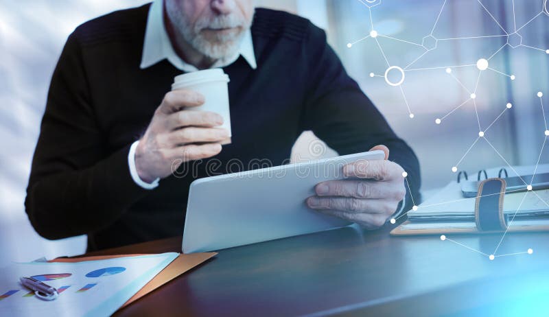 Businessman Working on Digital Tablet at Office Light Effect Stock ...