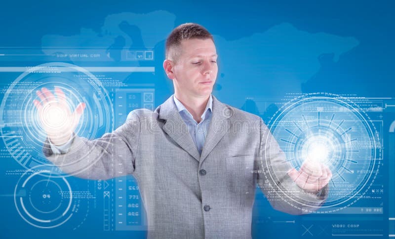 Man Working with Digital Virtual Screen Stock Photo - Image of display ...