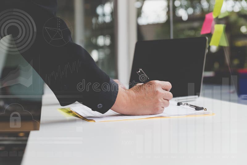 Businessman Working with Document and Computer in Office Workplace ...