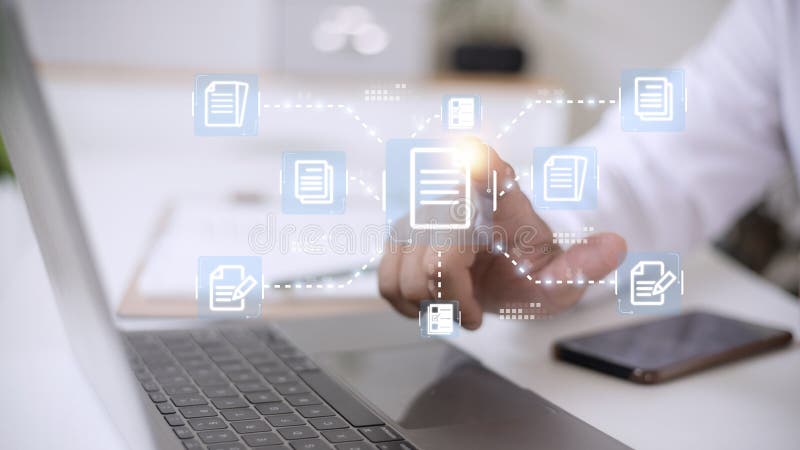 Businessman Working with Electronics Document Icons, E-document ...
