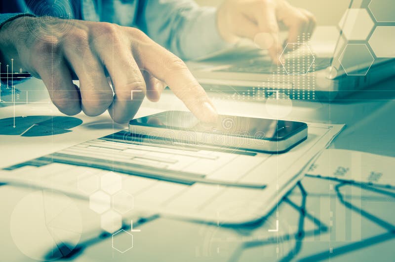 Businessman Working Generic Design Laptop. Touching Screen Smartphone ...