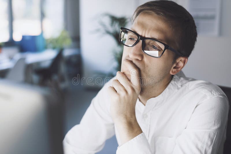 Businessman Working with His Computer and Thinking Stock Image - Image ...
