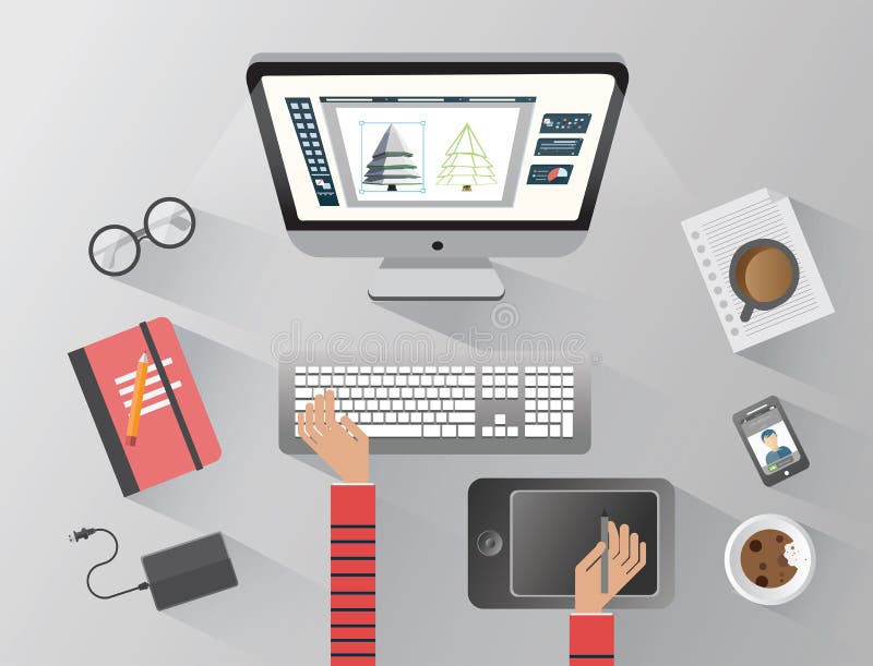 Man At Desk With Phone And Emojis With Cloud Stock Illustration ...