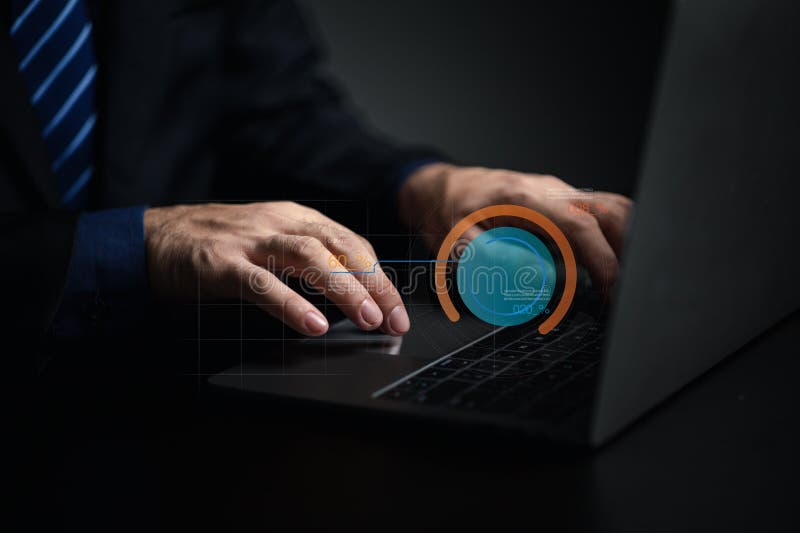 Businessman Working with Holograms Showing Business Graphs and Various ...