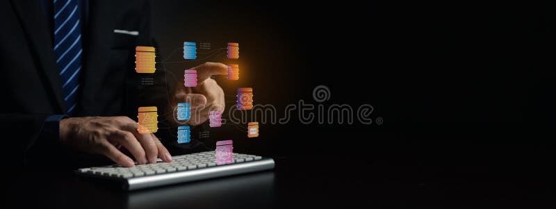 Businessman Working with Holograms Showing Business Graphs and Various ...