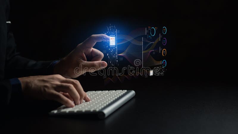Businessman Working with Holograms Showing Business Graphs and Various ...