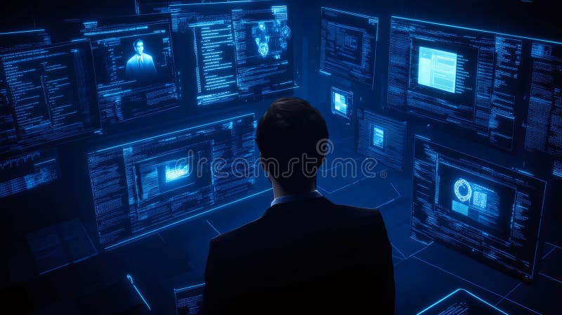 Businessman Working with Holographic Interface in a Futuristic ...