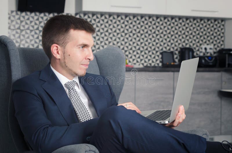 Businessman Working in Home with Computer Stock Image - Image of adult ...