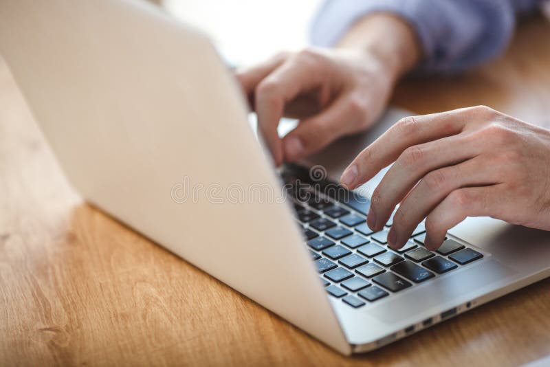 Businessman Working on Home Office. Man Sitting Wood Table and Using ...