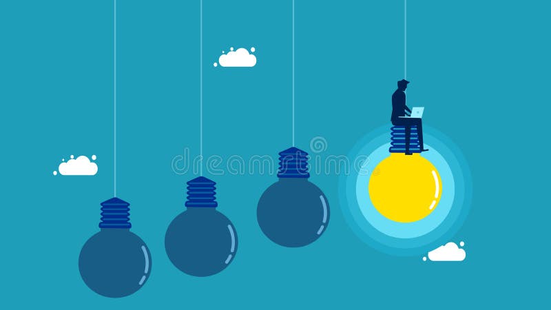 Businessman Working with Laptop on Bright Light Bulb. Clear Knowledge ...