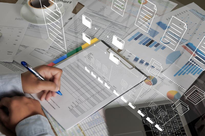 Businessman Working on Laptop Computer on Desk Document Signing ...