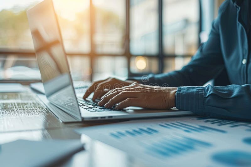 Businessman Working on Laptop Computer Financial with Graphic Graph ...
