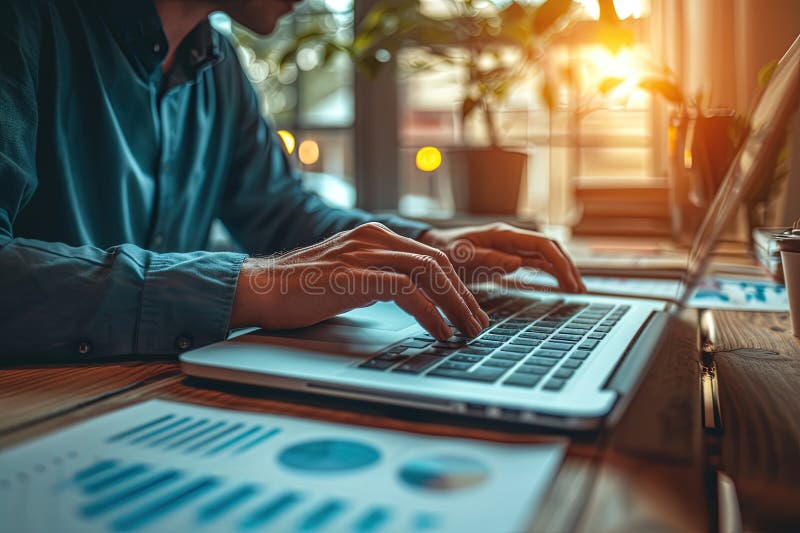 Businessman Working on Laptop Computer Financial with Graphic Graph ...