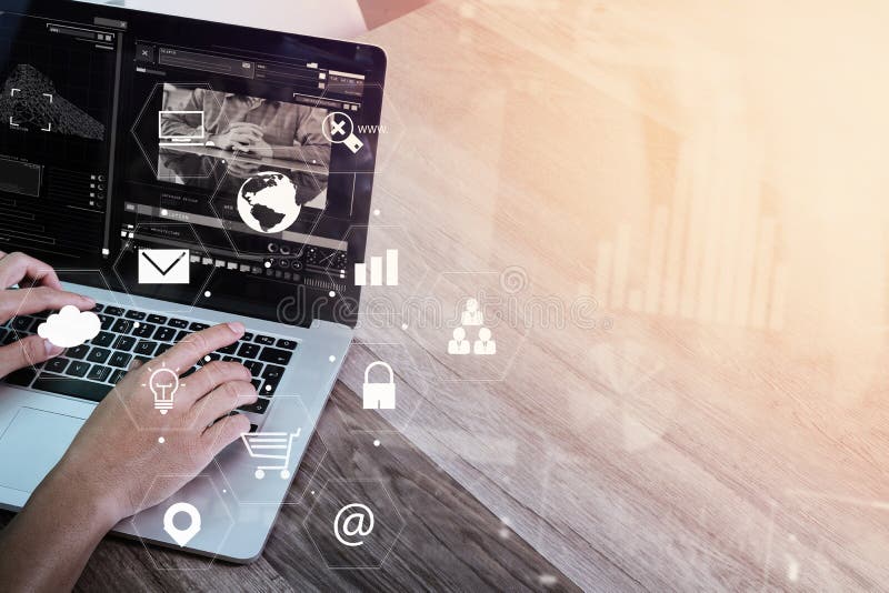 Businessman Working with Laptop Computer on Wooden Desk in Modern ...