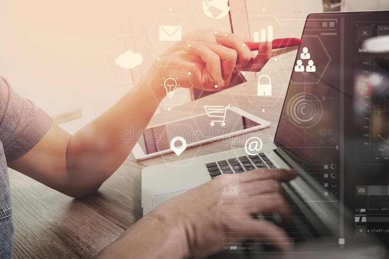 Businessman Working with Laptop Computer on Wooden Desk in Modern ...
