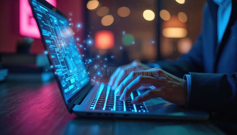 Businessman Working Laptop with Cybersecurity Overlay. Futuristic Hologram, Data Safety Software ...