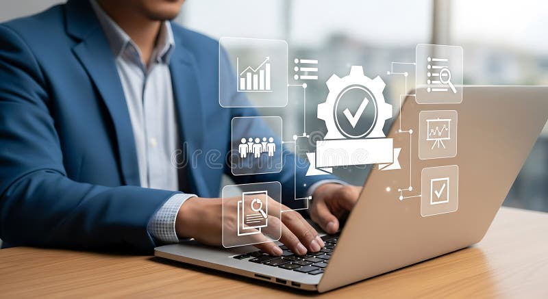 Businessman Working on Laptop with Data Analysis and Quality Control ...