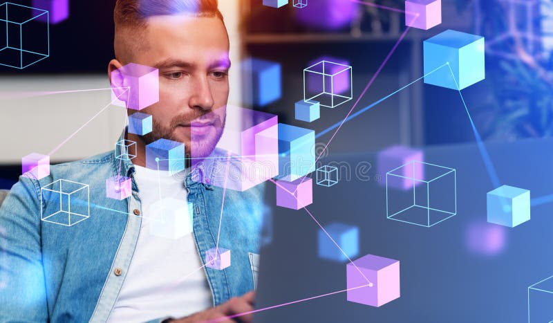 Businessman Working with Laptop, Data Blocks and Information Fields ...