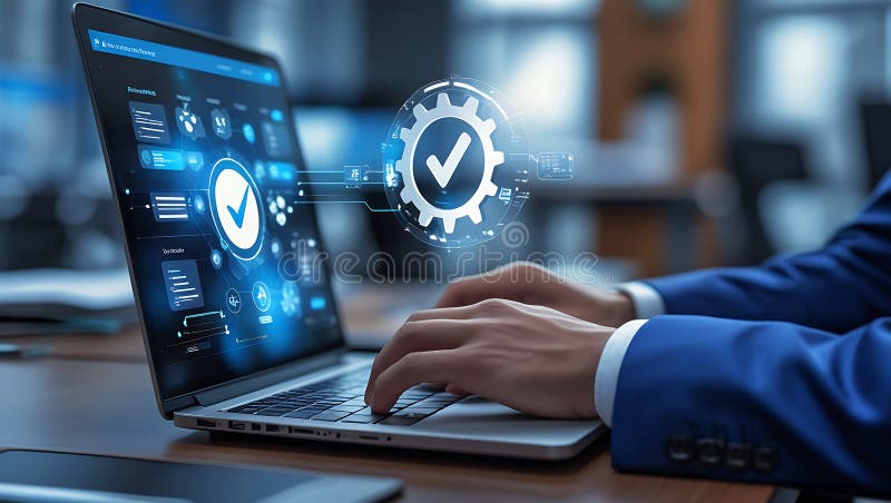 Businessman Working on Laptop with Digital Approval Interface Stock ...