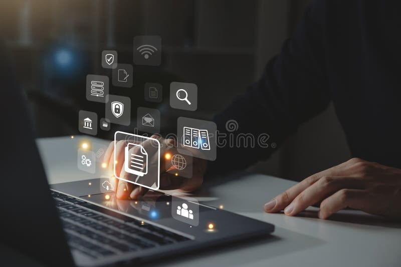 Businessman Working on Laptop with Document Management Icon Stock Image ...