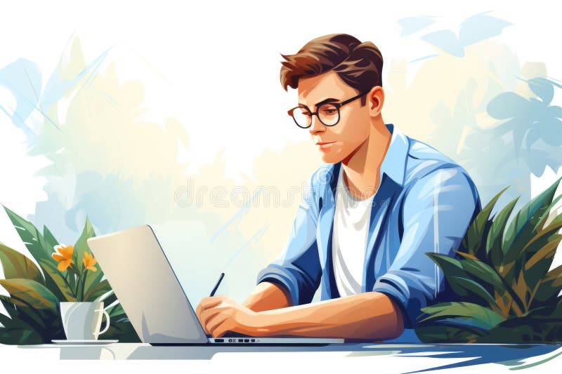 Businessman Working at a Laptop. in Drawing Style Stock Image - Image ...