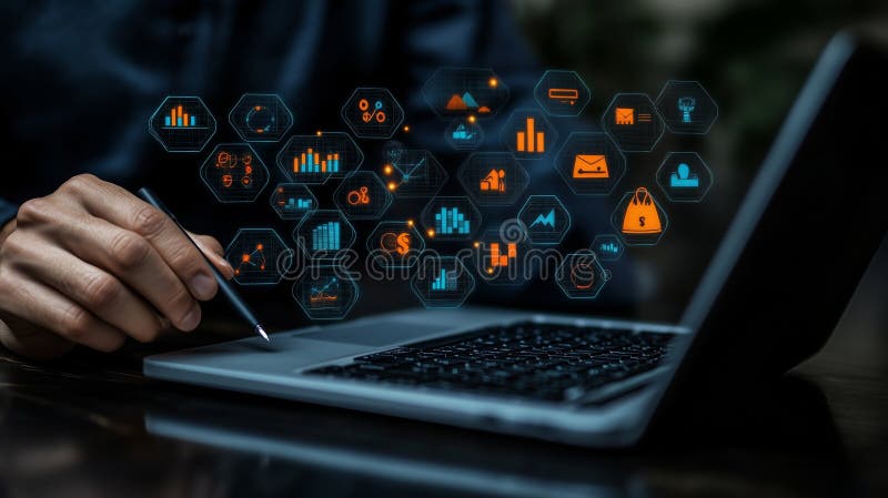 Businessman Working on a Laptop with a Holographic Interface for Big Data Analytics, Artificial ...