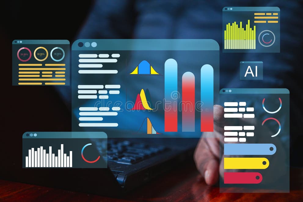 Businessman Working on a Laptop with a Holographic Interface for Big Data Analytics, Artificial ...