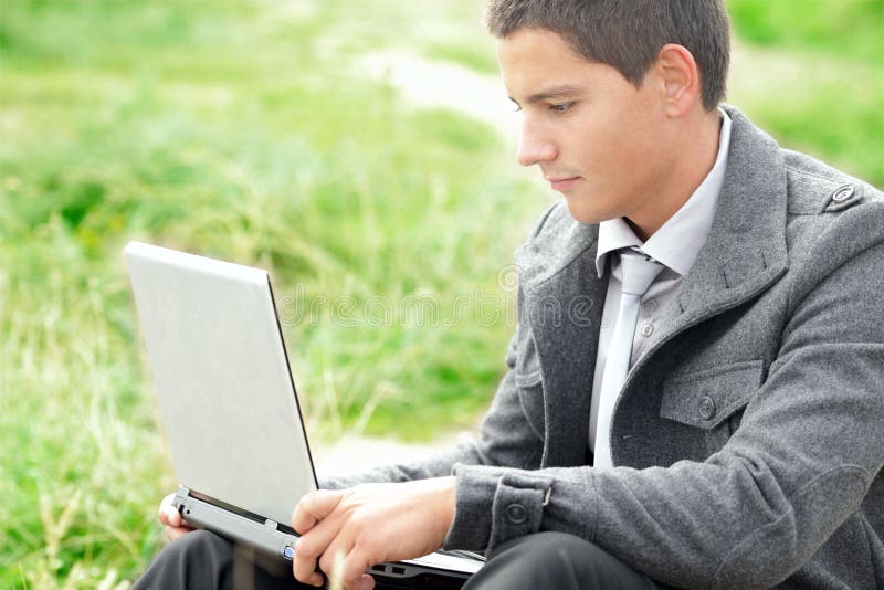 Businessman Working on Laptop Outdoors Stock Photo - Image of fresh ...