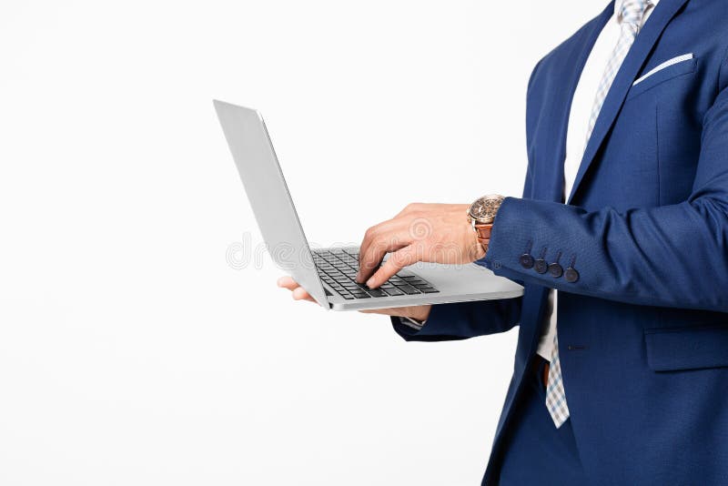Businessman Working on Laptop Over White Studio Background, Crop Stock ...