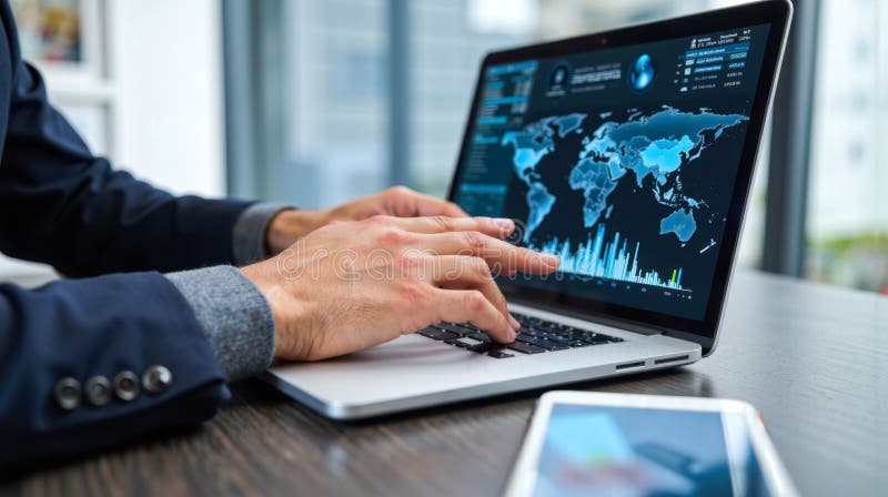 Businessman Working on Laptop Showing Global Data Statistics Map Graph ...