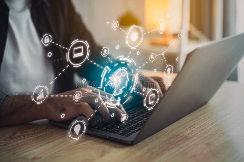 Businessman Working Laptop Virtual Digital AI Network Chain. Digital ...