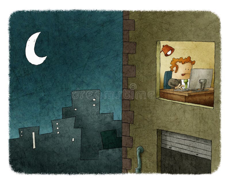 Businessman Working at Night Stock Illustration - Illustration of ...