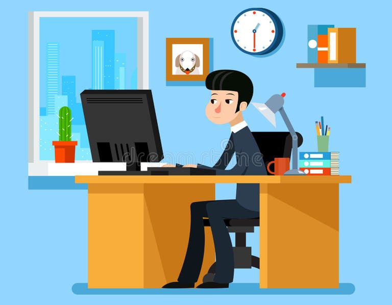 Businessman Working Office at the Desk with Computer. Vector ...